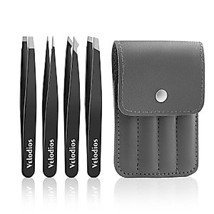 Tweezers Set for Women and Men, Professional Precision Tweezers for Eyebrows, Pointed and Slant Tweezers for Facial Hair, Splinter and Ingrown Hair Removal, Stainless Steel Tweezer Kit by Velodios
