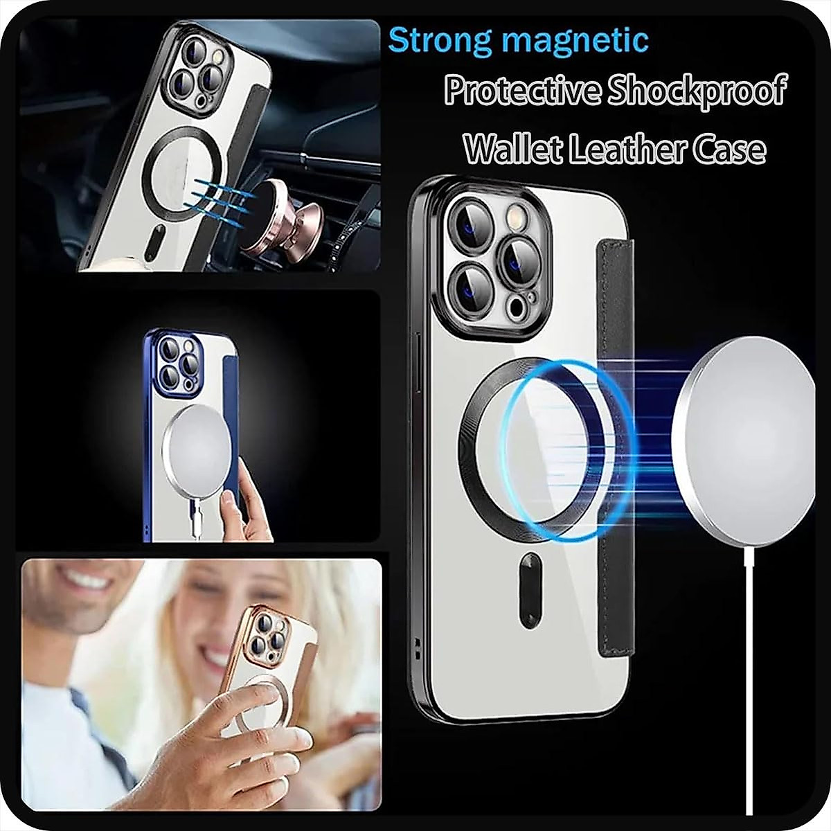 OSEVIO Transmitg Luxury Leather Flip Magnetic Phone Case with Card Holder, Transmitg Magnetic Leather Wallet Card Flip Transparent Case for iPhone 15 14 13 12 11 Pro Max (for iPhone 14 Pro,Brown)