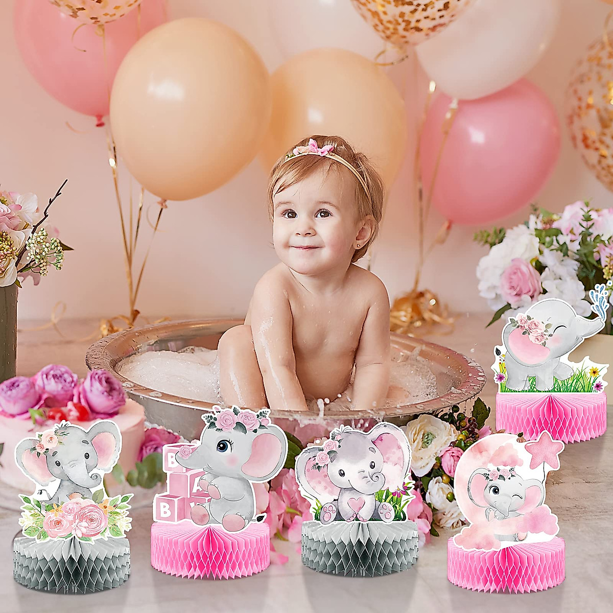 Tudomro 12 Pcs Pink Elephant Honeycomb Centerpieces Baby Shower Table Decorations Elephant Theme Party Centerpieces for Birthday Shower Wedding Party Supplies