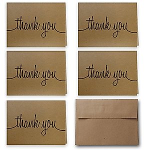 100% Recycled Thank You Cards with Envelopes - Kraft Brown Bag - 40 Pack - Great for Graduations, Baby Showers, Events, Gifts, NoteCards, and More! Made in the U.S.A. (Script Thank You)