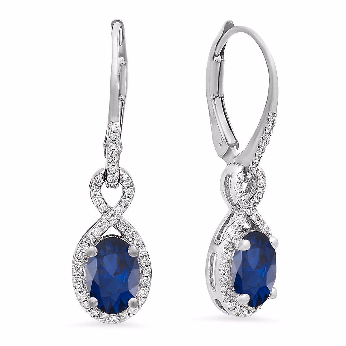 Dazzlingrock Collection - 10K 7X5 MM Each Oval Lab Created Blue Sapphire & Round Diamond Dangling Drop Earrings, White Gold