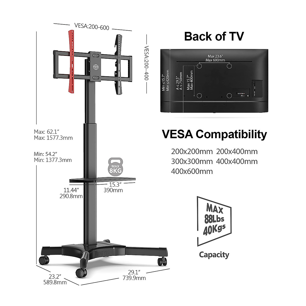 FITUEYES Tall TV Cart Mobile TV Stand for 32 to 70 Inch LED LCD Flat Curved Screen TVs Rolling Black Swivel Floor Stand with Height Adjustable Shelf & Lockable Casters - VESA 600x400mm, holds up 88lbs