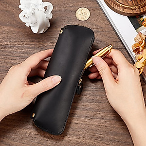 GORGECRAFT Leather Pencil Pouch Genuine Leather Pen and Pencil Case Large Capacity Crazy Horse Black Portable Rectangle Leather Pen Bags with Zipper for Men and Women Office Supplies Pen Case
