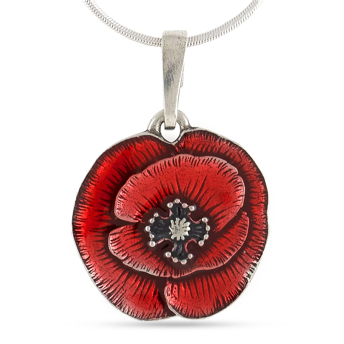 DANFORTH - Remembrance Poppy Snake Chain Necklace (Red) – Handcrafted Pewter Memorial Necklace – 18” – Made In USA