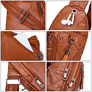 Peicees Leather Sling Bag For Women Waterproof Crossbody Bag Chest Bag Fashionable Small Backpack Purse For Travel Hiking