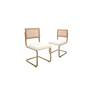CangLong Mid-Century Modern, Natural Mesh Rattan Backrest, Upholstered Fleece Seat Armless Chairs with Metal Legs for Home Kitchen Dining Room, Set of 2, White
