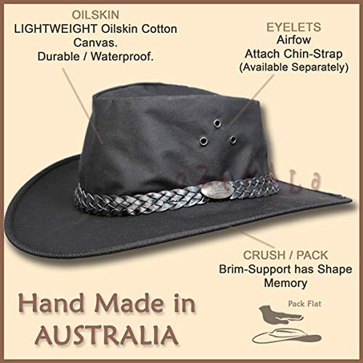 Oztrala Hat Oilskin Canvas Australian Outback Leather Mens Black Cowboy Bucket HCKS HCKB US (Solid Brown, S)