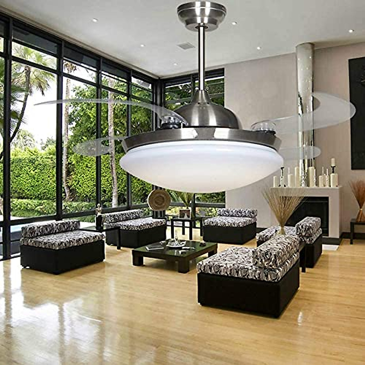 YEELED Light 42" Invisible Reversible Ceiling Fan with LED Light and Remote, 4 Retractable Blades Fan Chandeliers for Bedroom Livingroom, Indoor Ceiling Light Kits with Fans(42 Inch, Silver)