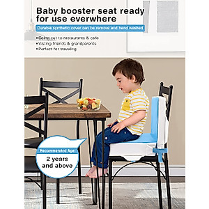 OTTOLIVES Toddler Booster Seat for Dining Table Thick Increasing Waterproof PU Washable Cushion with 2 Adjustable Straps Safety Buckle (Blue)