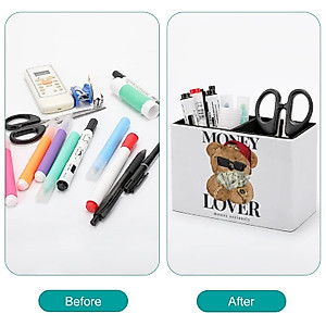 Niapessel Pencil Holder for Desk, Money Lover Slogan with Bear Pen Holder Storage Desktop Pen Organizer Desk Pencil Organizer Makeup Brush Holder for Office School College Leather