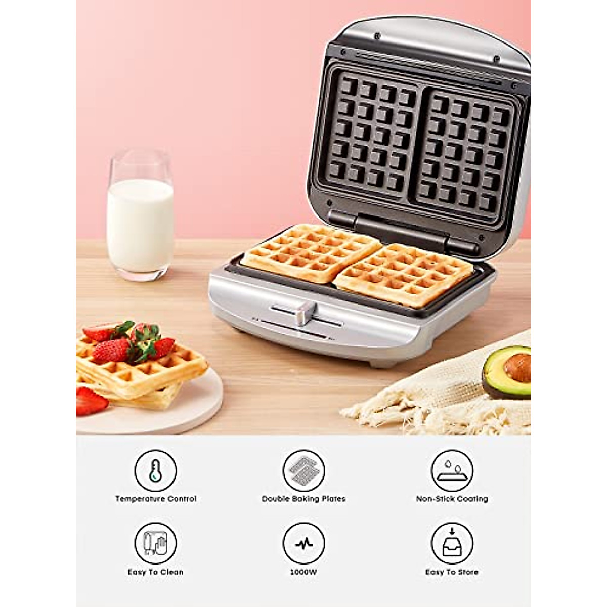 FOHERE Waffle Maker Belgian 1000W, 2 Slice Waffle Iron with Browning Control, Nonstick Plates, Indicator Lights, Cord-Storage
