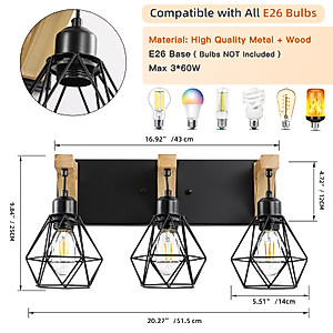 Farmhouse Bathroom Light Fixtures, 3 Light Bathroom Vanity Light, Rustic Lighting Fixtures Over Mirror, Wall Sconces Lighting with Elegant Metal Lampshade for Living Room, Bedroom, Hallway