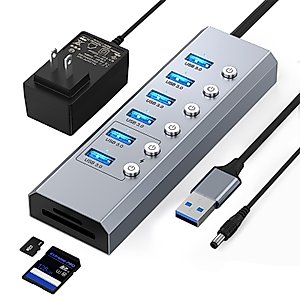Powered USB 3.0 Hub, Elecife 8-Port Powered USB Hub, Aluminum USB Splitter with 6 USB 3.0 Data Ports, SD/TF Card Readers, Individual On/Off Power Switches and 5V/3A Power Adapter (42 inch)