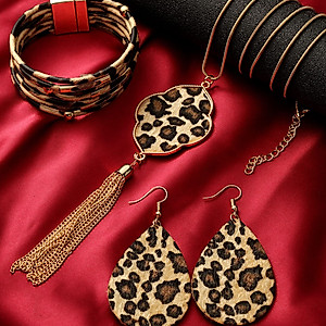 Hicarer 3 Pieces Leopard Earrings Bracelets Women Jewelry Bohemia Earrings Necklace Cheetah Set Multilayer Leather Cuff Boho for Large Wrists Cosplay Party Costume Accessories(Leopard Style)