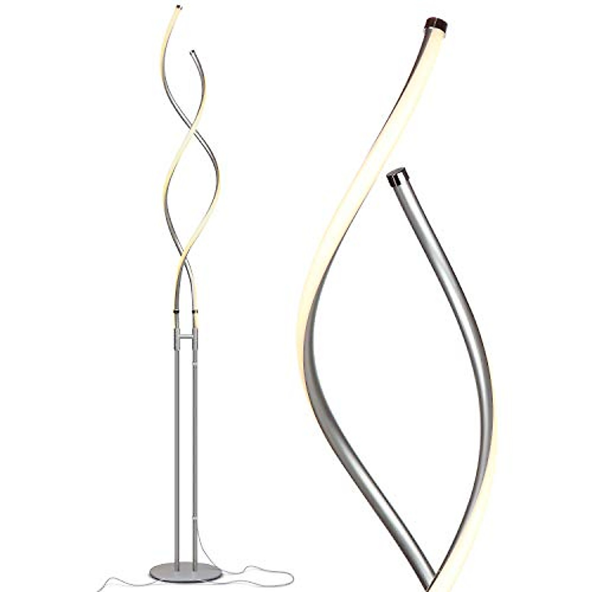 Brightech Embrace Dimmable LED Floor Lamp – Modern Spiral Adjustable Standing Lamp for Living Rooms & Offices – 2-in-1 Tall End Table Lamp for Bedroom Reading - Silver