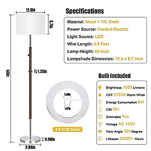 【Upgraded】 Dimmable Floor Lamp, 1000 Lumens LED Bulb Included, Floor Lamps for Living Room Simple Standing Lamp with White Lamp Shade, Modern Tall Lamps for Living Room Bedroom Office Dining Room