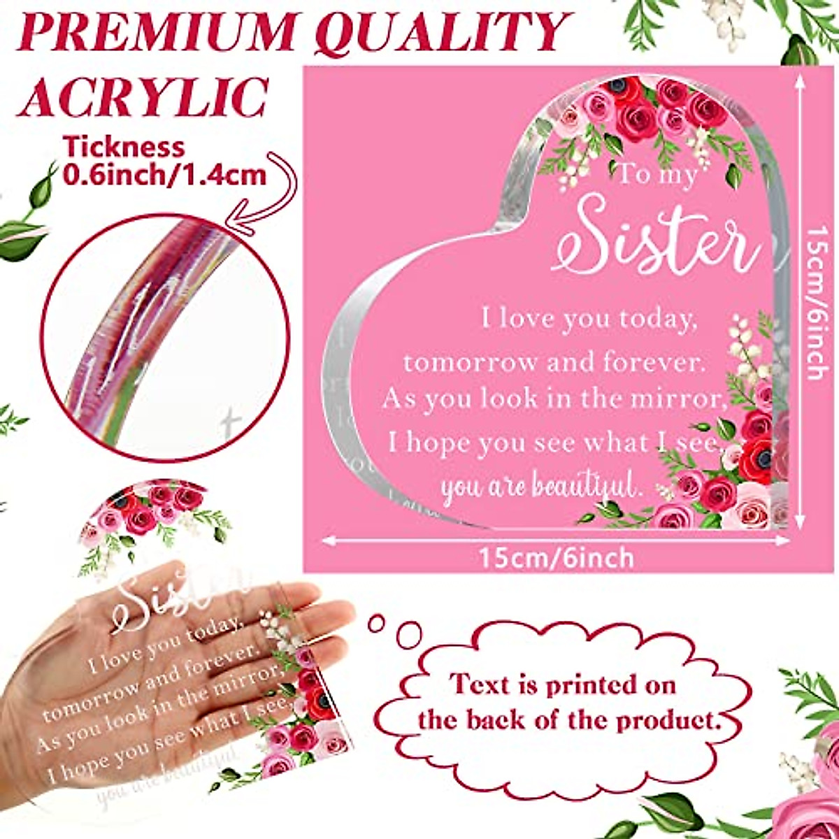 Yulejo Acrylic Heart Sister Gift from Keepsake Paperweight a is God's Way of Making Sure We Never Walk Alone Memory Gifts Table Centerpiece Decor Birthday for Sisters (Blossom, 6 x 6'')