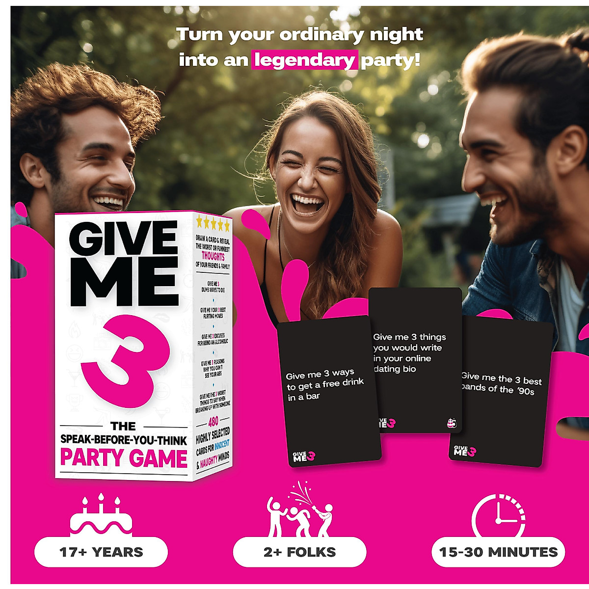 GIVE ME 3 - Fast Paced and Hilarious 10 Second Rule Adult Party Games | 2+ Players | Card Game for Adults | Travel Game | Board Game for Parties and Game Nights