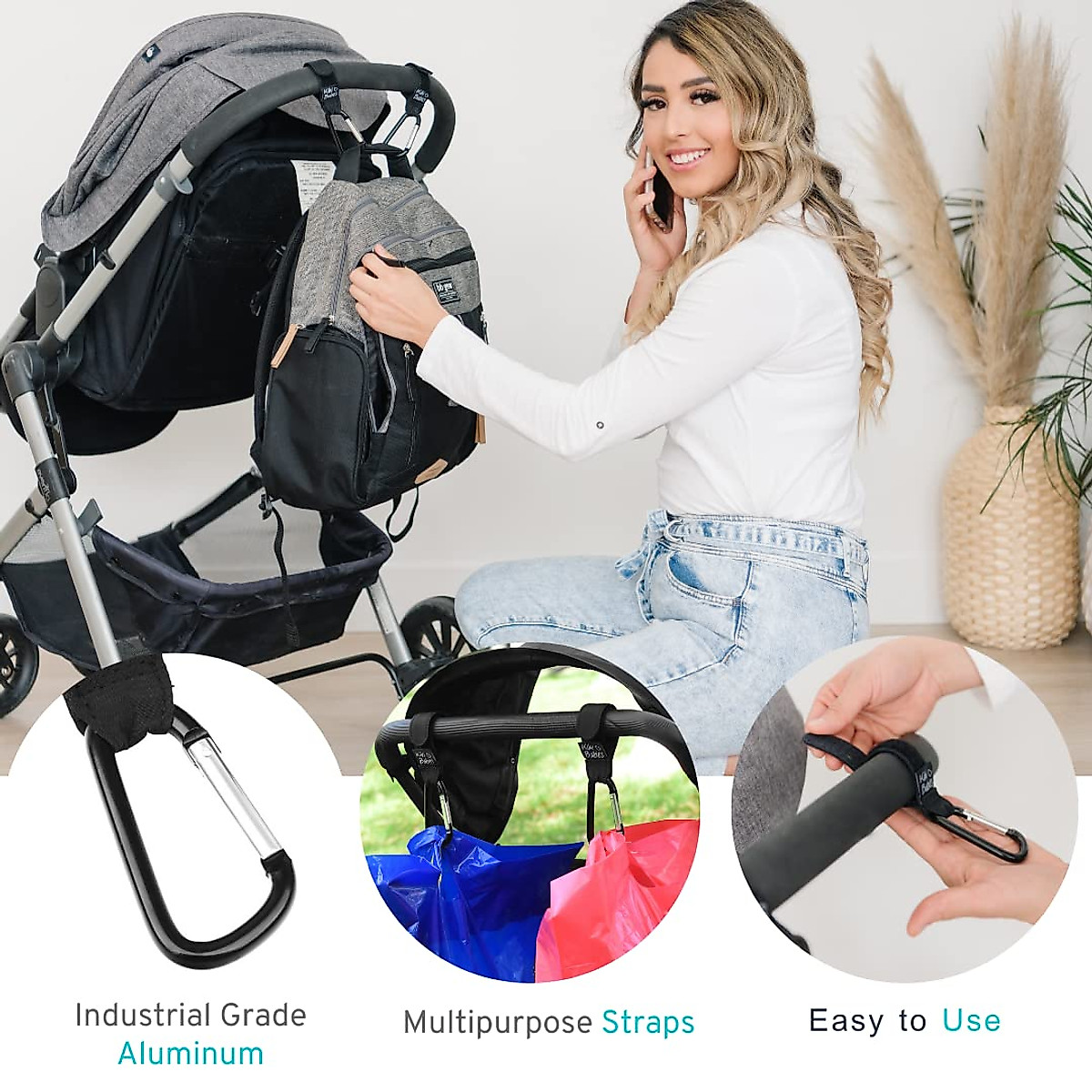 Kiki Babies 2-Pack Stroller Hooks for Bags, Multifunctional Stroller Clip, Diaper Bag Hook, Heavy Duty Carabiner Hanger, Extra Large for Baby Accessories, Bonus Wipes Case & Bag