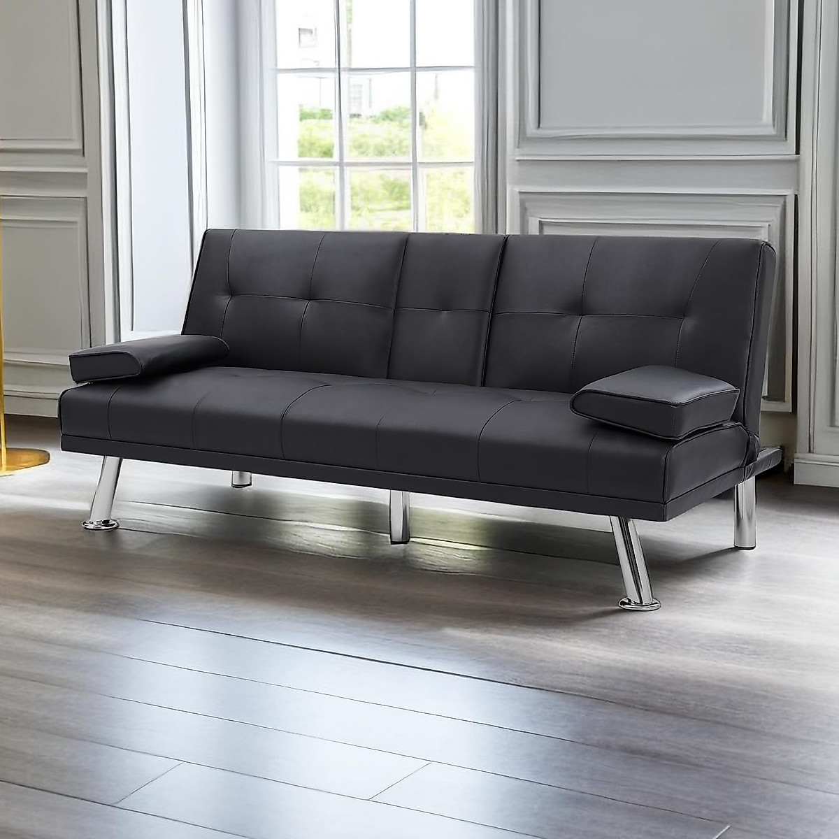 Convertible Futon Sofa Bed, Modern Leather Couch Upholstered Loveseat Sleeper Sofa with Cup Holder and Adjustable Back, Recliner Folding for Living Room, Apartment, Office (Black)