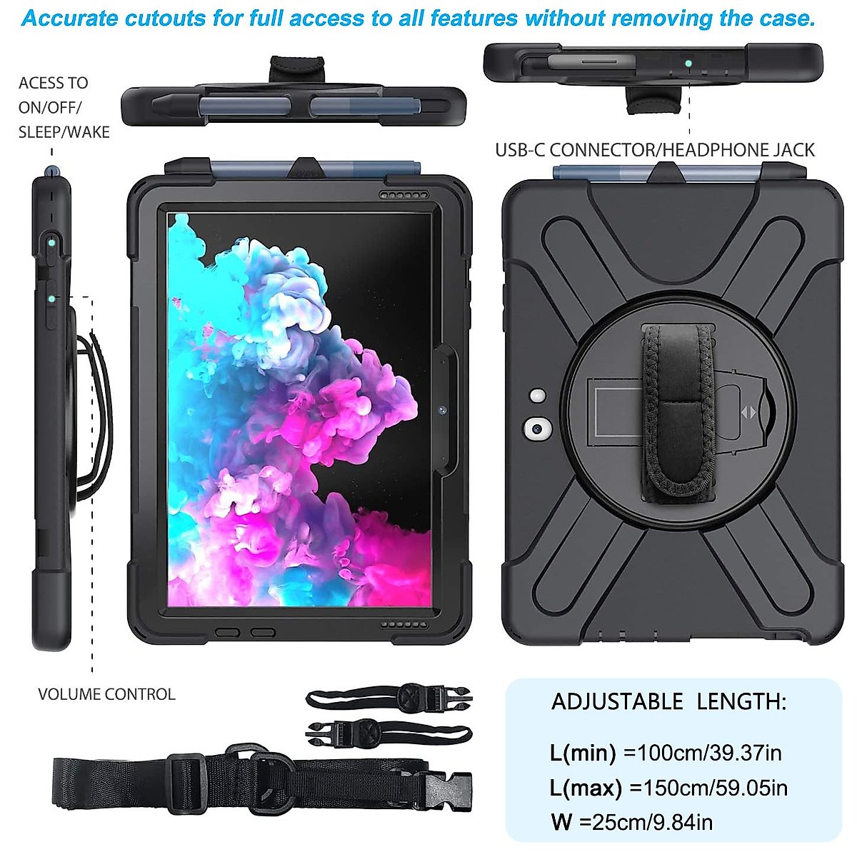 DreamerX Microsoft Surface Go 4 10.5 Inch (2023)/ Surface Go 3 2021/ Surface Go 2 (2020)/ Surface Go Case 10" (2018) with Hand Strap Stand Carrying Shoulder Strap Kids Friendly Shockproof Cover, Black