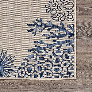 Lr Home Ox Bay Seamas Coastal Bordered Coral Reef Indoor/Outdoor Rug, White/Navy, 1'10" x 3'0"