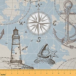 Feelyou Compass Fabric by The Yard, Nautical Ocean Anchor Lighthouse Theme Upholstery Fabric for Chairs Sofa Couch, Vintage Seashells Outdoor Fabric Waterproof, 1 Yard