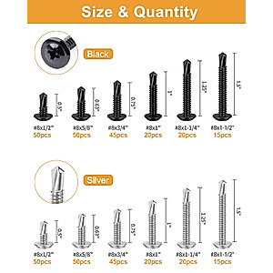 VIGRUE 410 Stainless Steel #8 X 1/2'' to 1-1/2'' Self Tapping Screw Assortment Kit, Modified Truss Head, 400pcs Self Tapping Screws for Metal, Black Oxide and Silver Stainless Steel