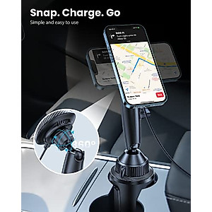 EXELIQ Magnetic Wireless Car Mount Charger, Tri-Pivot Cup Holder Charger Mount with Heat Dissipation System, Fast Magsafe Charging Holder for iPhone 14 13 Pro Max Mini [with QC 3.0 Adapter]