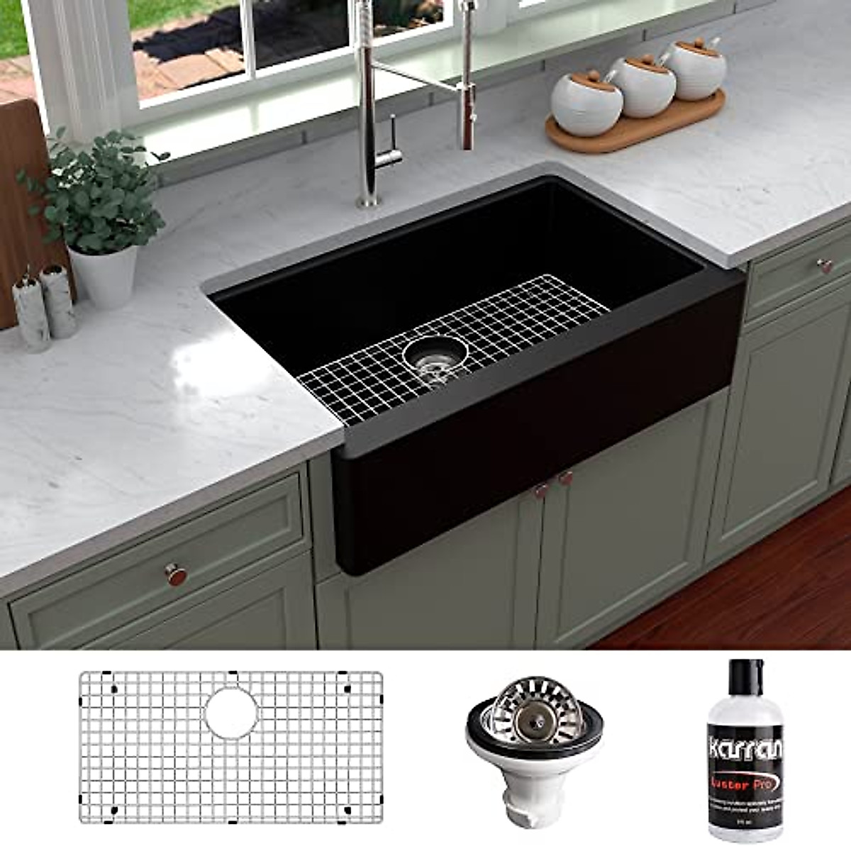 Karran QA-740 Farmhouse/Apron-Front Quartz Composite 34 in. Single Bowl Kitchen Sink Kit in Black