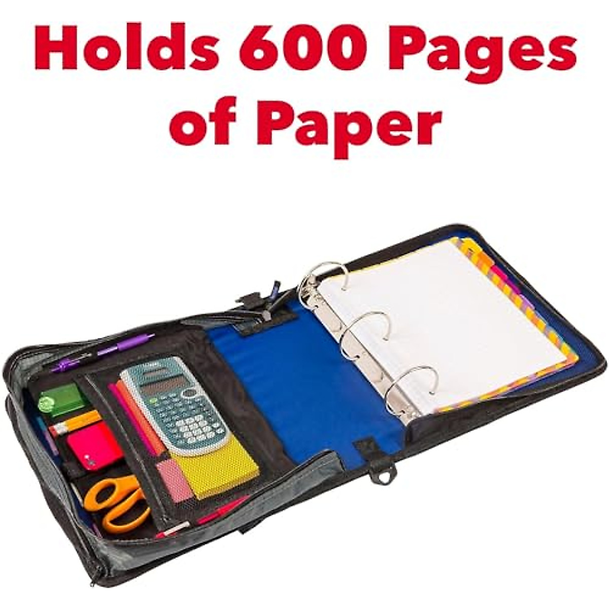 Case-it Mighty Zip Tab Zipper Binder, 3" O-Ring with 5-Color tabs, Expanding File Folder and Shoulder Strap and Handle, D-146- Midnight Blue