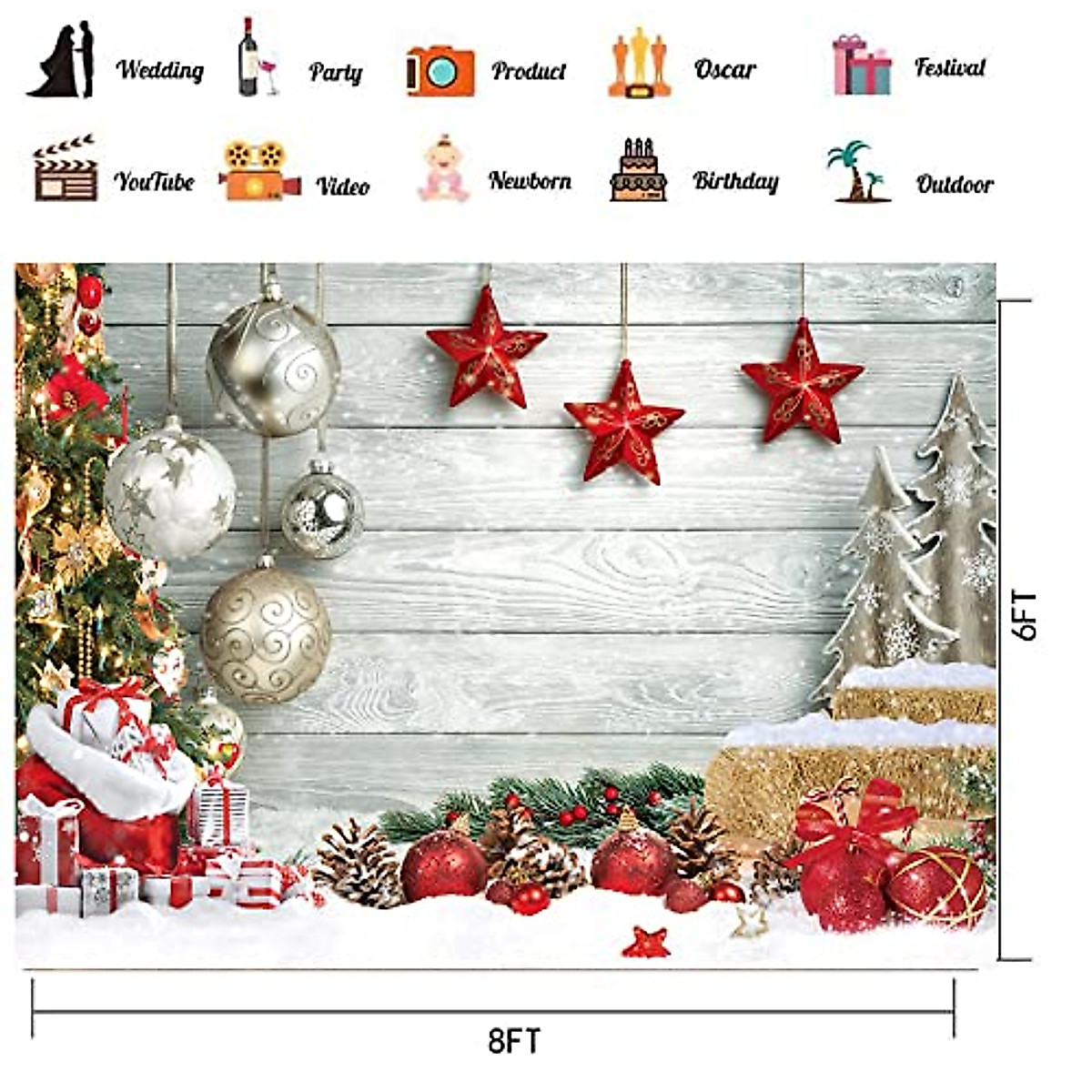 CHAIYA 8X6FT Christmas Backdrop White Wood Floor Photography Backdrop Winter Snow Christmas Balls Xmas Tree Gift Family Party Photo Background New Year Party Decoration CY194