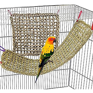 Bird Seagrass Mat,Natural Seagrass Woven Net Bird Foraging Chew Wall Toys Parakeet Hammock Mat with Hooks for Lovebird Cockatiel Conure Budgie,Size 28.3" X 6.7" and 11.81" X 11.81"(2 Pcs)