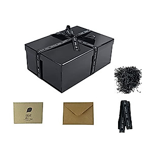 Manoczy Empty Gift Box 12×8.5×4 inch Folding Cardboard Birthday Present Container Card,Ribbon,Shredded Paper (Black)