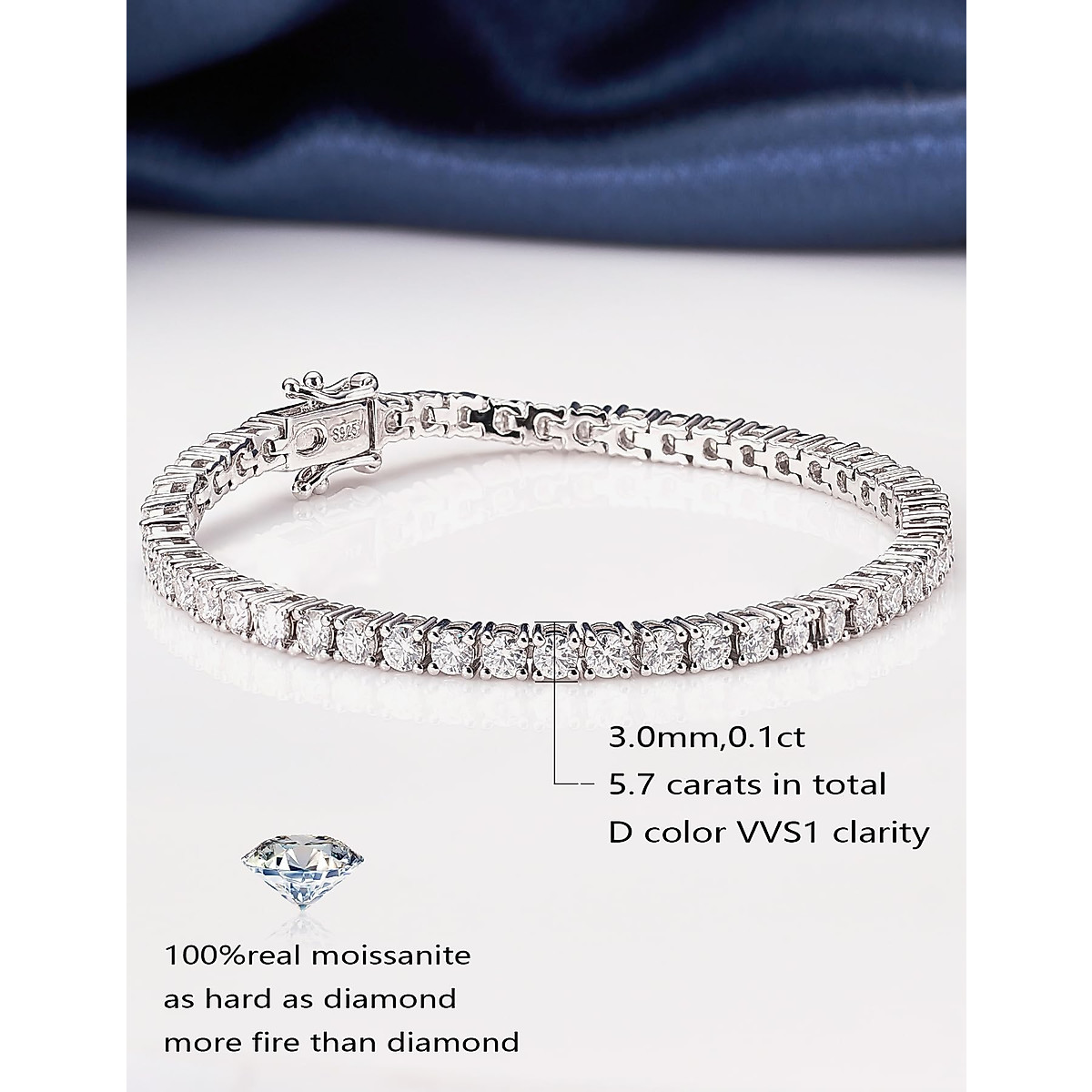 IMOLOVE Moissanite Tennis Bracelet for Women Sterling Silver Wedding Bracelets for Brides Stacking Dainty Bracelets with 18K White Gold Plated-18