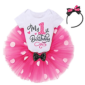 IBTOM CASTLE Baby Girls One 1st Birthday Outfit Polka Dots Romper Tutu Dress Sequin Bowknot Headband Princess Skirt One Years Old Clothes Set for Kids Prom Dance Evening Ball Gown Hot Pink-1ST 1T
