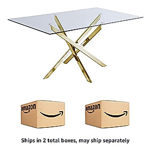 Meridian Furniture Xander Collection Modern | Contemporary Tempered Glass Top Dining Table with Durable Metal Base, 60" W x 36" D x 30" H, Gold Finish