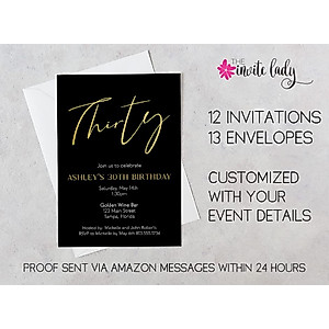 Birthday Party Invitations 30th 40th 50th Thirty Forty Fifty Milestone Bday Black Gold 30 40 50 Customized Printed Invites (12 count)