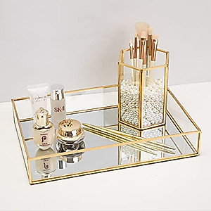 Lyellfe 2 Pack Perfume Trays, Gold Vanity Tray, Decorative Gold Mirror Tray, Non Slip Rectangular Perfume Tray for Jewelry, Bathroom, Coffee Table