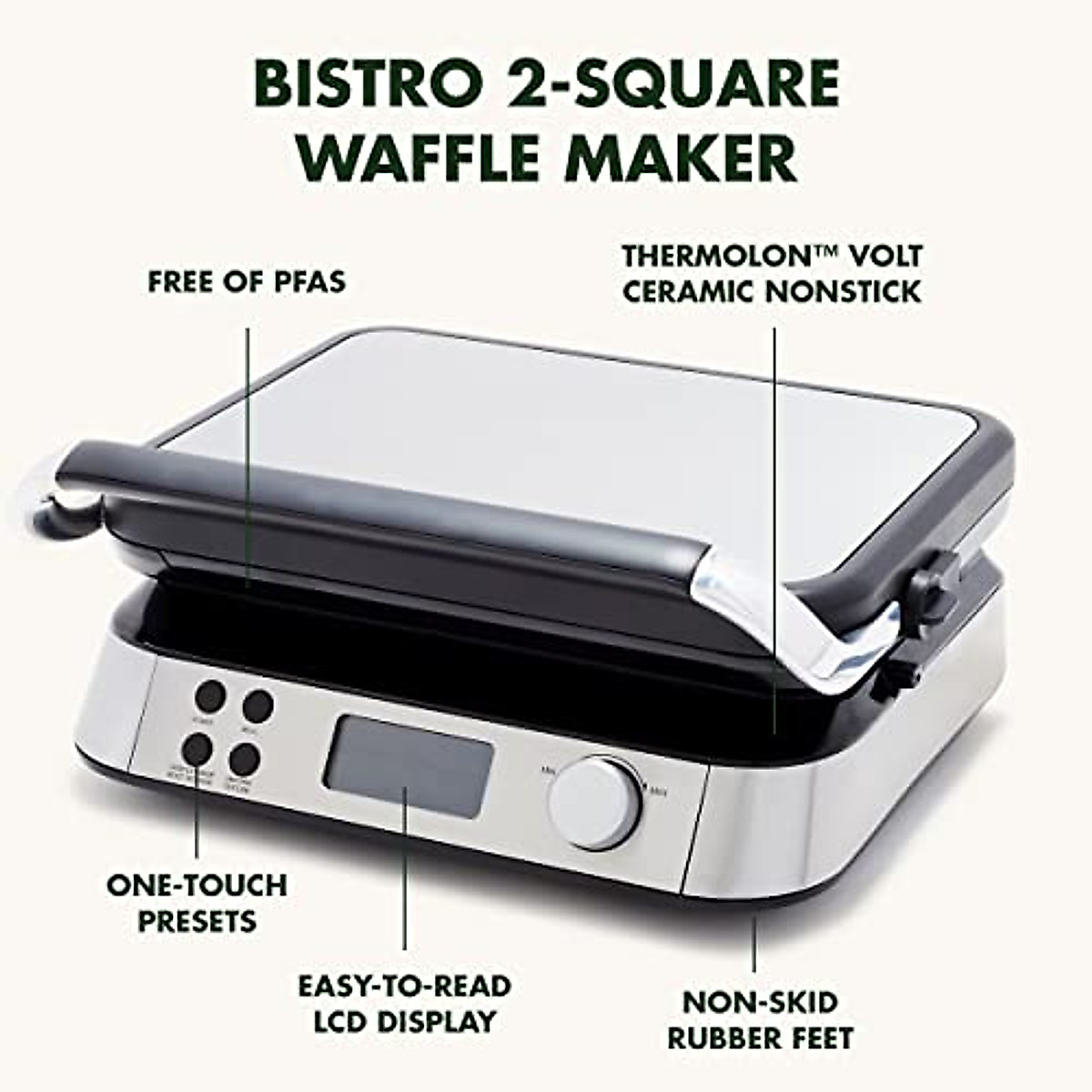 GreenPan Stainless Steel 2-Slice Belgian Waffle Maker Iron, Healthy Ceramic Nonstick Plates, Adjustable settings and Presets, Easy-to-use LED Display