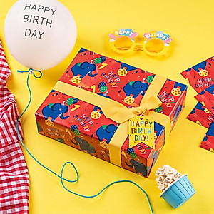 RUSPEPA Birthday Wrapping Paper Sheets with 1 Year Old Birthday Elephant Pattern Great for Birthday Gift Wrap, 6 Fold on Sheets Each Set, 27 inches x 19 inches, Age 1