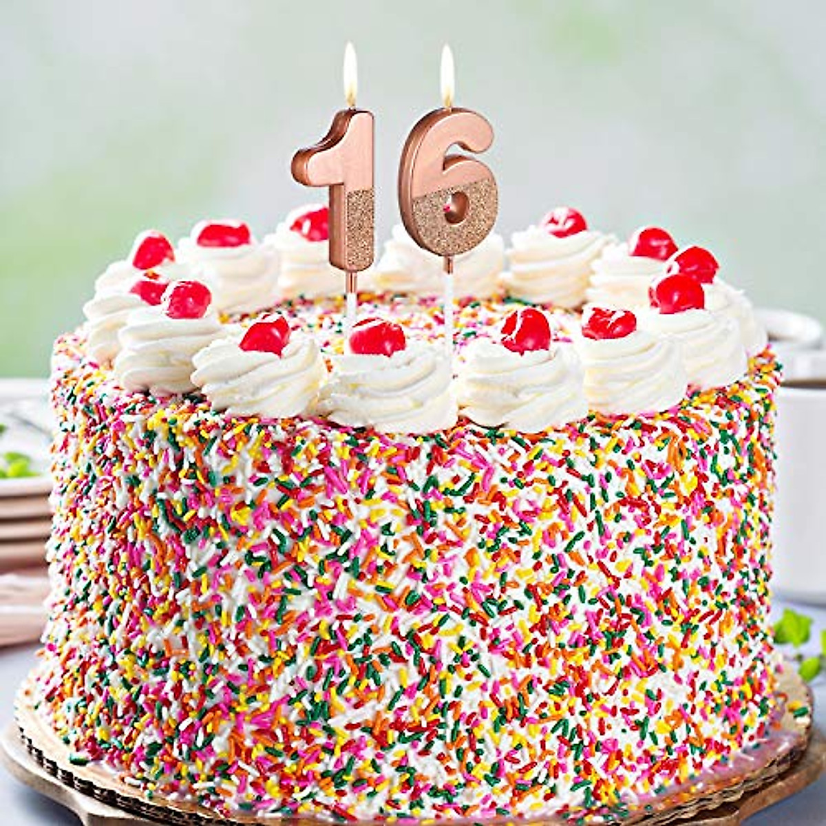 BBTO 16th Birthday Candles Glitter Cake Numeral Candles 16th Birthday Cake Topper Decoration for Birthday Wedding Anniversary Celebration Favor, Rose Gold