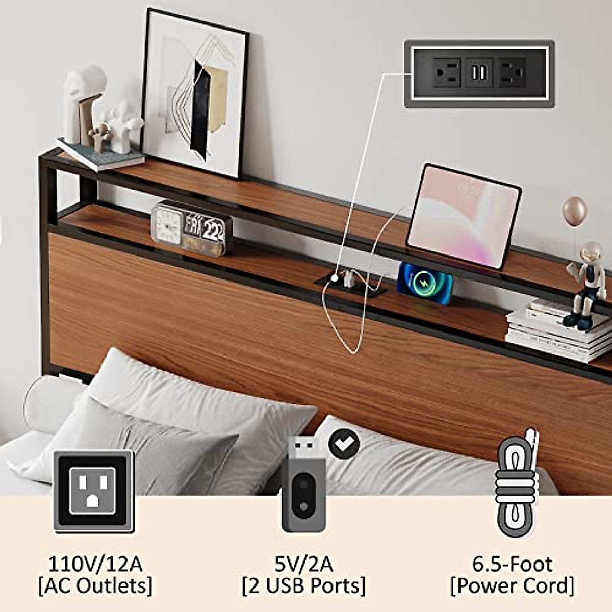 AMERLIFE Queen Size Storage Bed Frame with Charging Station, Wooden Platform with 4 Drawers & Headboard/No Box Spring Needed/Noise-Free/Cherry