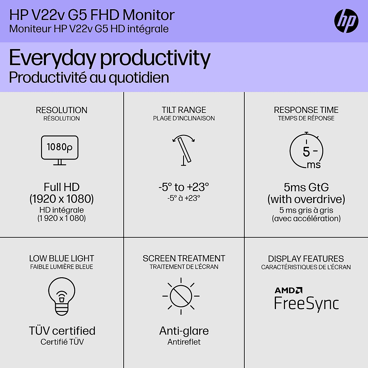 HP V22v G5 FHD Monitor, AMD FreeSync Technology, HDCP Support for HDMI ...