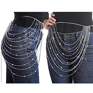 hoyuwak Rhinestone Waist Chain Belt Silver Gold Body Chain Crystal Belly Dance Chain Body Jewelry for Women Rave Festive (Style 2, Alloy(Silver), Rhinestone(Cystal White))