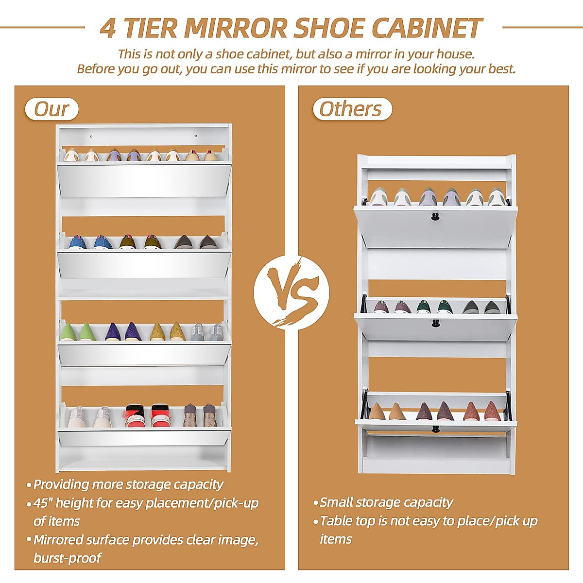 Shoe Storage Cabinet for Entryway Slim, White Wood Shoe Rack Organizer with 4 Flip Mirror Drawers, Freestanding Modern Narrow Shoes Storage Cabinet, Apartment, Living Room