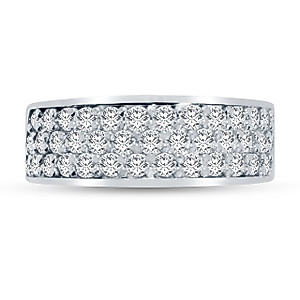 Size - 5 - Solid 14k White Gold 7.5mm Round Cut Wide Three Row Pave Set Anniversary Ring Wedding Band CZ Cubic Zirconia 1.50cttw.