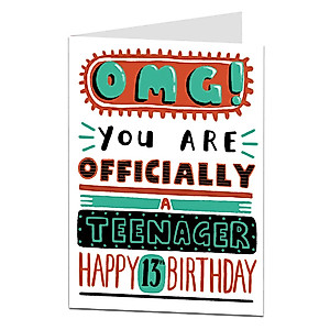 LimaLima Funny 13th Birthday Card For Girl Or Boy. OMG 13 Today Officially A Teenager. Perfect For Son, Daughter, Grandson, Granddaughter, Niece & Nephew
