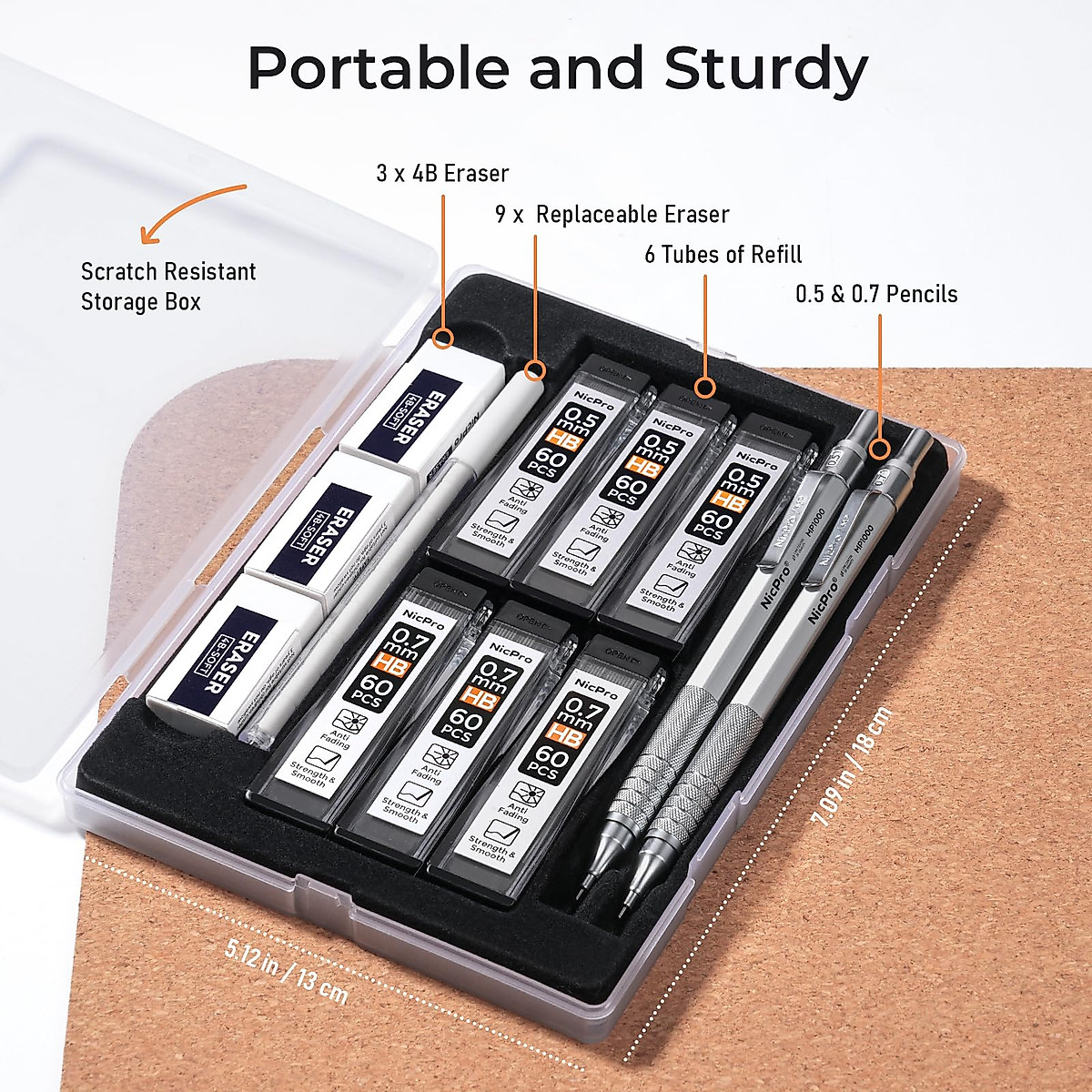 Nicpro 2 PCS Mechanical Pencils 0.5mm & 0.7 mm with Case, Metal Artist Pencil Set with 4 Tubes HB Lead Refills, 2 Erasers, 9 Eraser Refills For Art Writing Drafting, Drawing, Sketch, Silver