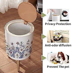 Small Trash Can with Lid floral seamless border Flower Seamless with white flowers blue leaves Garbage Bin Wood Waste Bin Press Cover Round Wastebasket for Bathroom Bedroom Diaper Office Kitchen
